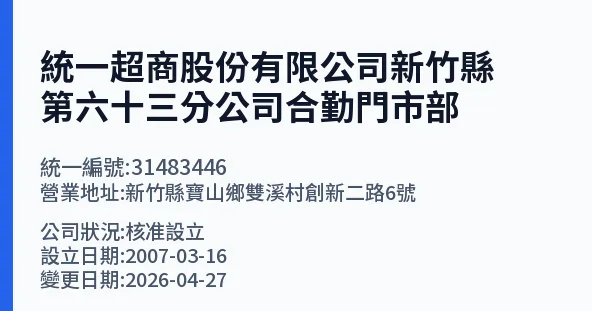 統一超商股份有限公司新竹縣第六十三分公司合勤門市部的照片-統編 31483446(新竹縣) 公司登記資料與營業項目詳細圖表