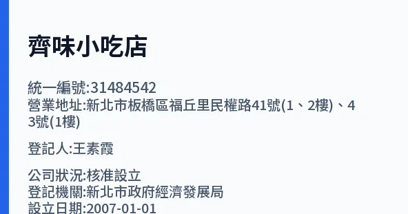 齊味小吃店的照片-統編 31484542(新北市) 公司登記資料與營業項目詳細圖表