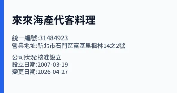 來來海產代客料理的照片-統編 31484923(新北市) 公司登記資料與營業項目詳細圖表