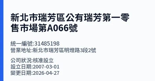 新北市瑞芳區公有瑞芳第一零售市場第A066號的照片-統編 31485198(新北市) 公司登記資料與營業項目詳細圖表