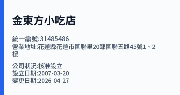 金東方小吃店的照片-統編 31485486(花蓮縣) 公司登記資料與營業項目詳細圖表