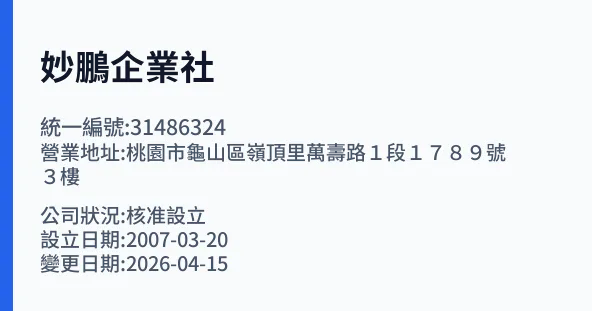 妙鵬企業社的照片-統編 31486324(桃園市) 公司登記資料與營業項目詳細圖表