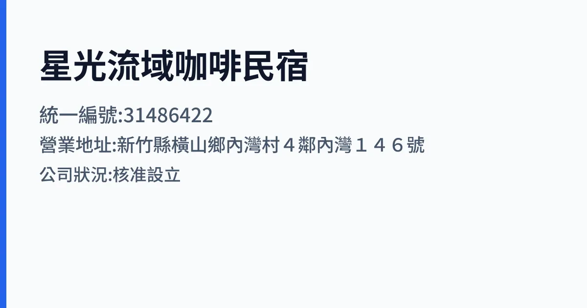 星光流域咖啡民宿 - 統編 31486422(新竹縣) 公司登記資料與營業項目詳細圖表