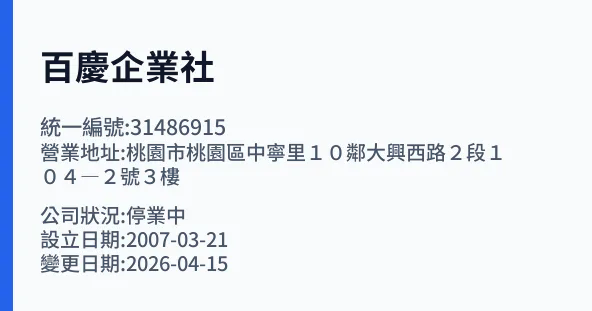 百慶企業社的照片-統編 31486915(桃園市) 公司登記資料與營業項目詳細圖表