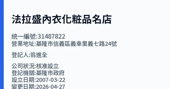 法拉盛內衣化粧品名店的照片-統編 31487822(基隆市) 公司登記資料與營業項目詳細圖表