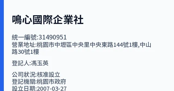 鳴心國際企業社的照片-統編 31490951(桃園市) 公司登記資料與營業項目詳細圖表