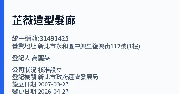 芷薇造型髮廊的照片-統編 31491425(新北市) 公司登記資料與營業項目詳細圖表
