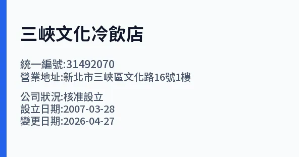 三峽文化冷飲店的照片-統編 31492070(新北市) 公司登記資料與營業項目詳細圖表