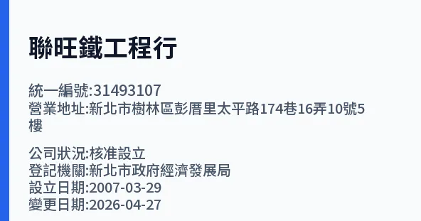 聯旺鐵工程行的照片-統編 31493107(新北市) 公司登記資料與營業項目詳細圖表