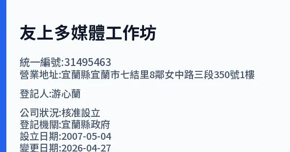 友上多媒體工作坊的照片-統編 31495463(宜蘭縣) 公司登記資料與營業項目詳細圖表