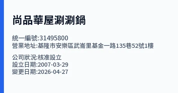 尚品華屋涮涮鍋的照片-統編 31495800(基隆市) 公司登記資料與營業項目詳細圖表