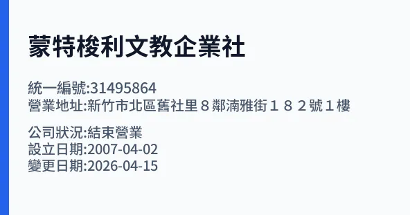 蒙特梭利文教企業社的照片-統編 31495864(新竹市) 公司登記資料與營業項目詳細圖表