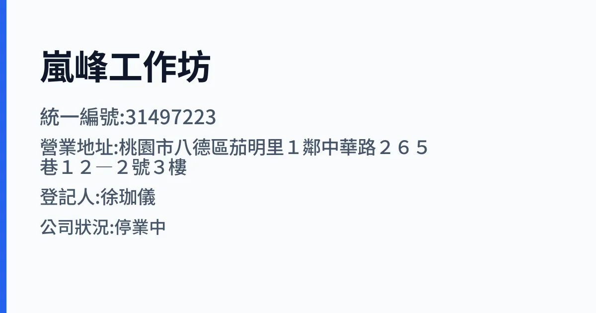 嵐峰工作坊 - 統編 31497223(桃園市) 公司登記資料與營業項目詳細圖表