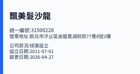 飄美髮沙龍的照片-統編 31500228(新北市) 公司登記資料與營業項目詳細圖表
