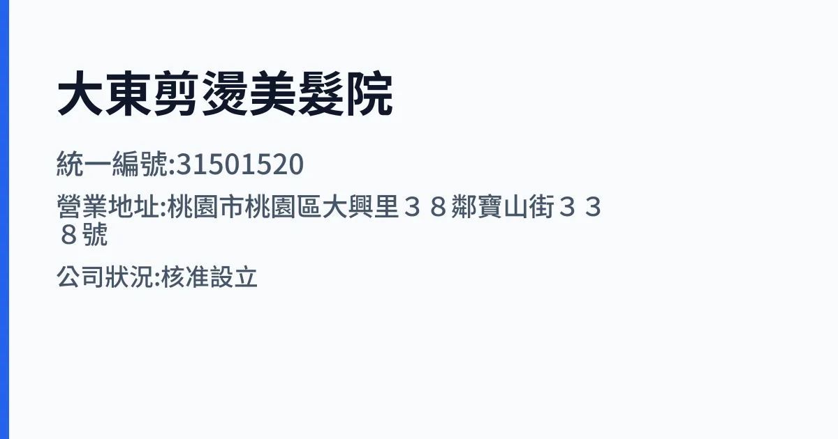 大東剪燙美髮院 - 統編 31501520(桃園市) 公司登記資料與營業項目詳細圖表