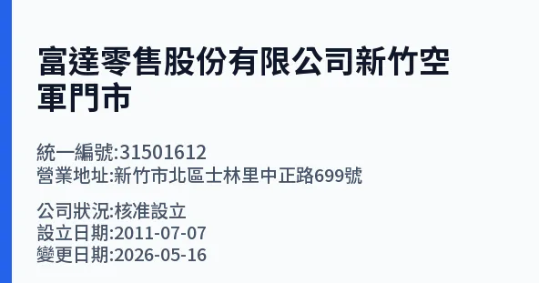 富達零售股份有限公司新竹空軍門市的照片-統編 31501612(新竹市) 公司登記資料與營業項目詳細圖表
