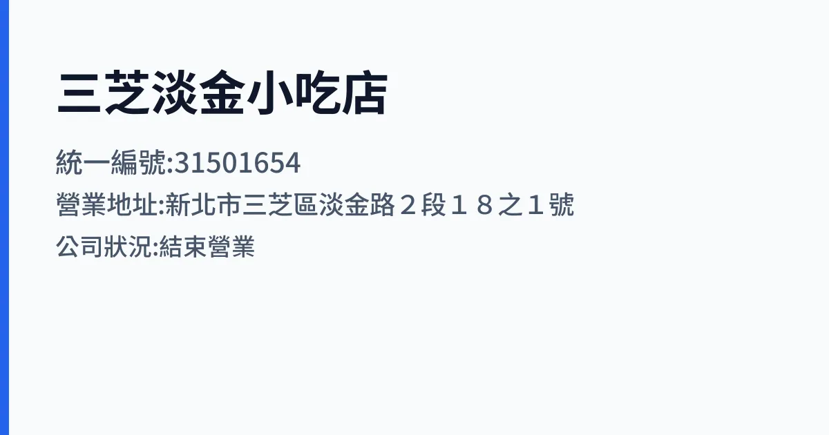 三芝淡金小吃店 - 統編 31501654(新北市) 公司登記資料與營業項目詳細圖表