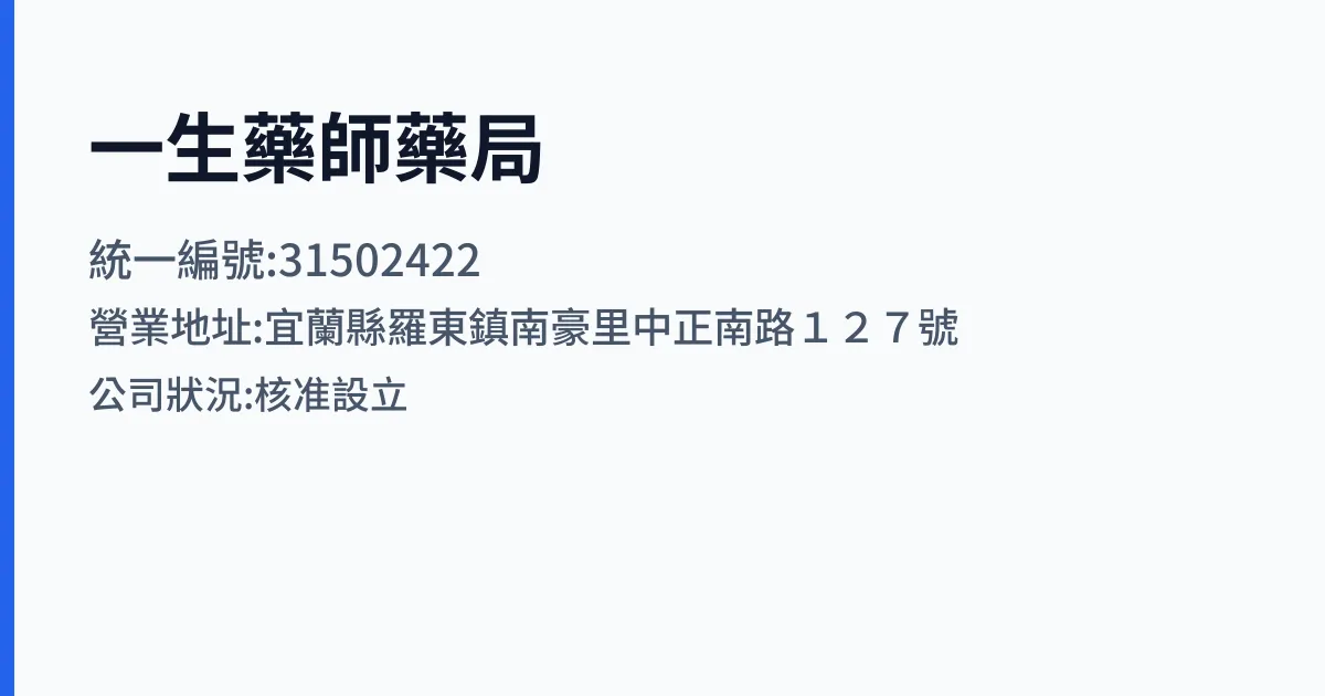 一生藥師藥局 - 統編 31502422(宜蘭縣) 公司登記資料與營業項目詳細圖表