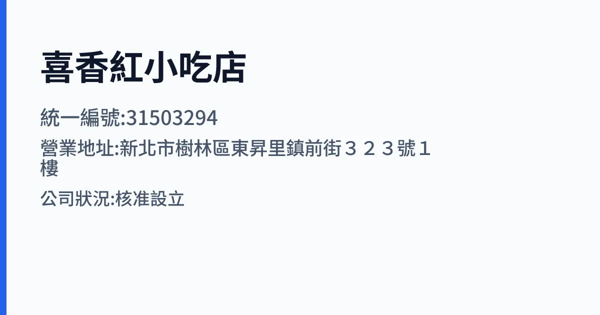 喜香紅小吃店 - 統編 31503294(新北市) 公司登記資料與營業項目詳細圖表