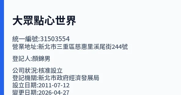 大眾點心世界的照片-統編 31503554(新北市) 公司登記資料與營業項目詳細圖表