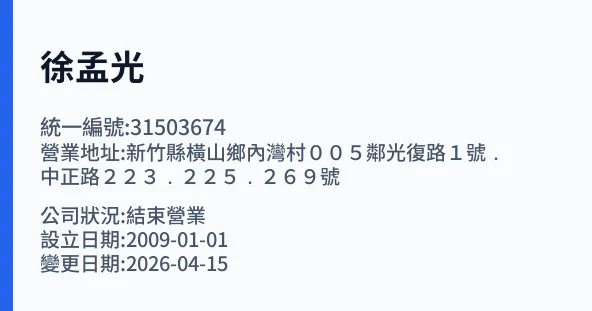 徐孟光的照片-統編 31503674(新竹縣) 公司登記資料與營業項目詳細圖表