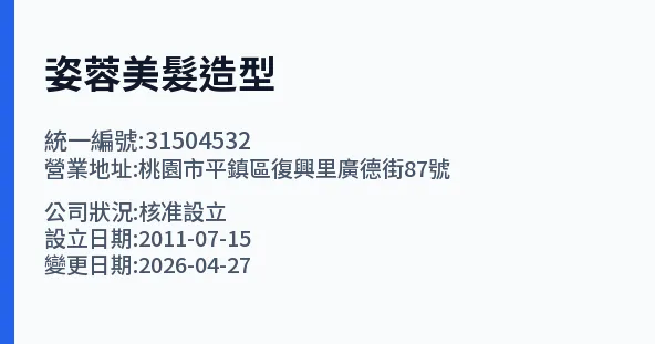 姿蓉美髮造型的照片-統編 31504532(桃園市) 公司登記資料與營業項目詳細圖表