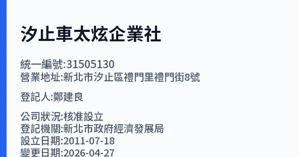 汐止車太炫企業社的照片-統編 31505130(新北市) 公司登記資料與營業項目詳細圖表
