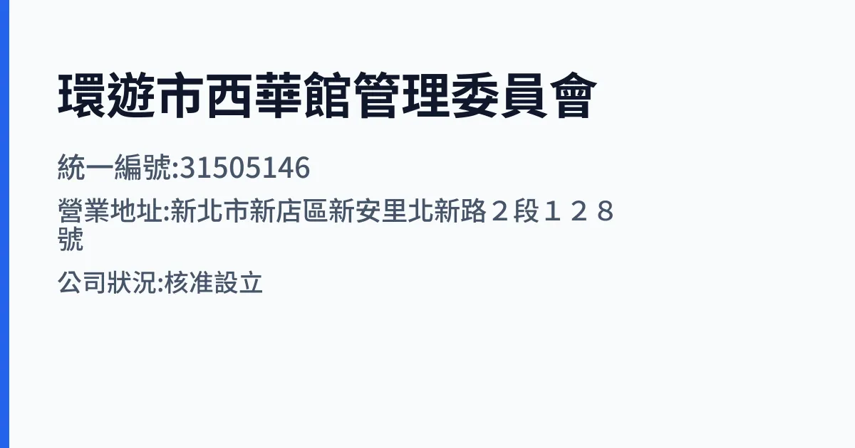環遊市西華館管理委員會 - 統編 31505146(新北市) 公司登記資料與營業項目詳細圖表