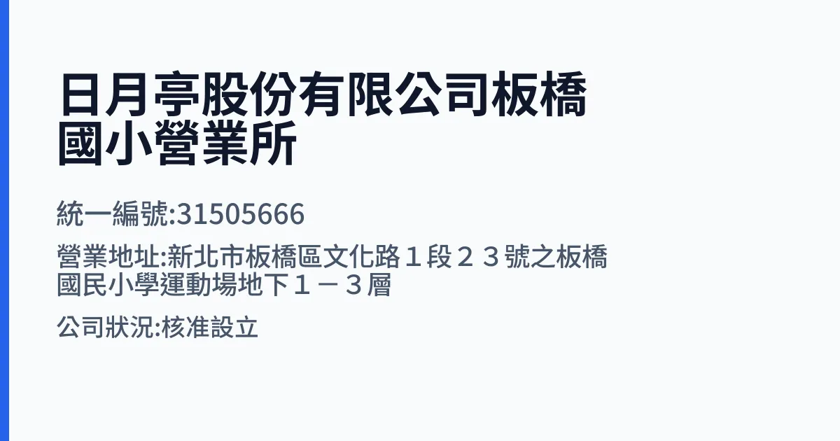 日月亭股份有限公司板橋國小營業所 - 統編 31505666(新北市) 公司登記資料與營業項目詳細圖表