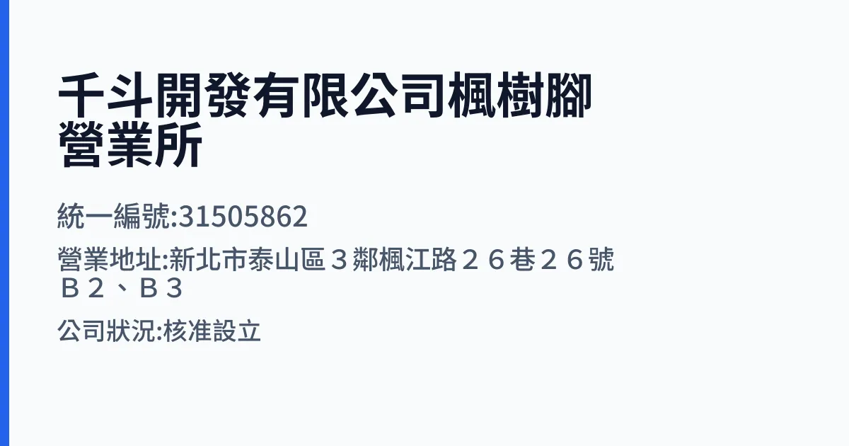 千斗開發有限公司楓樹腳營業所 - 統編 31505862 (新北市) 公司登記資料與營業項目詳細圖表
