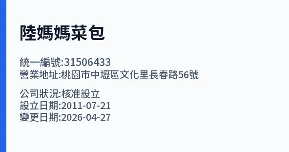 陸媽媽菜包的照片-統編 31506433(桃園市) 公司登記資料與營業項目詳細圖表