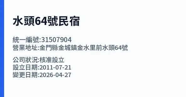 水頭64號民宿的照片-統編 31507904(金門縣) 公司登記資料與營業項目詳細圖表
