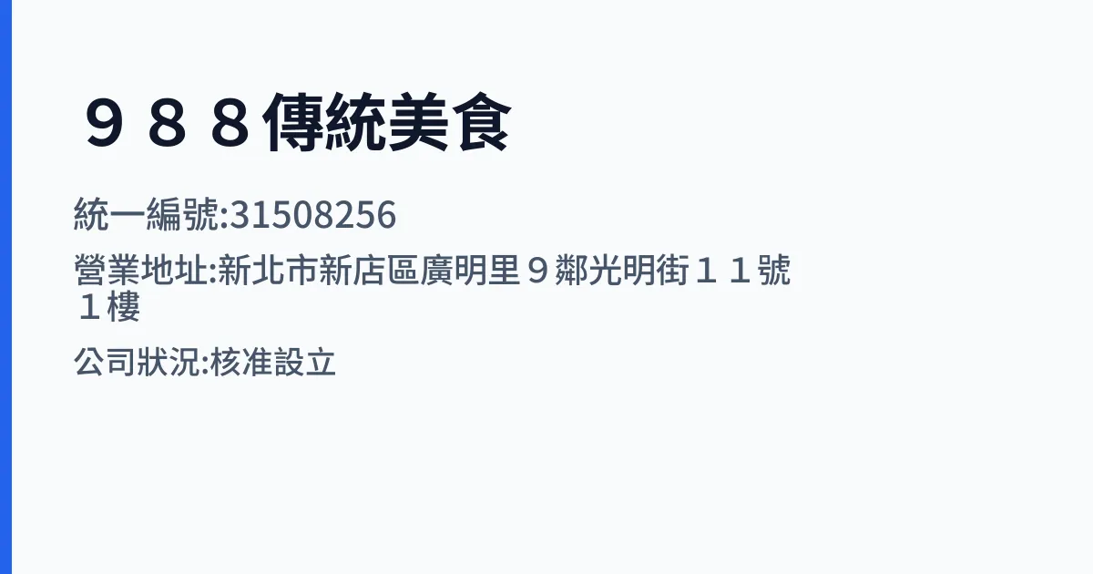 ９８８傳統美食 - 統編 31508256(新北市) 公司登記資料與營業項目詳細圖表