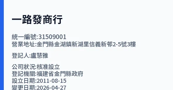 一路發商行的照片-統編 31509001(金門縣) 公司登記資料與營業項目詳細圖表