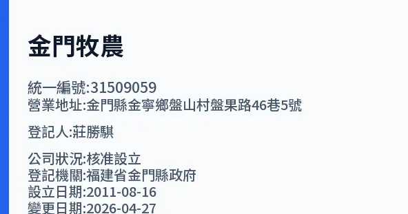金門牧農的照片-統編 31509059(金門縣) 公司登記資料與營業項目詳細圖表