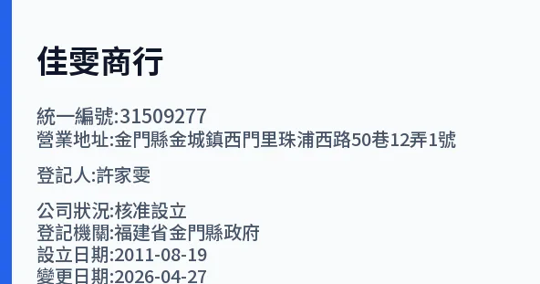 佳雯商行的照片-統編 31509277(金門縣) 公司登記資料與營業項目詳細圖表