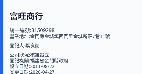 富旺商行的照片-統編 31509298(金門縣) 公司登記資料與營業項目詳細圖表