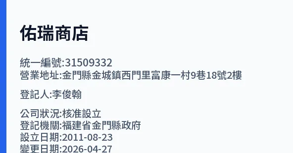 佑瑞商店的照片-統編 31509332(金門縣) 公司登記資料與營業項目詳細圖表