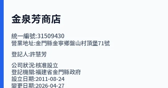 金泉芳商店的照片-統編 31509430(金門縣) 公司登記資料與營業項目詳細圖表