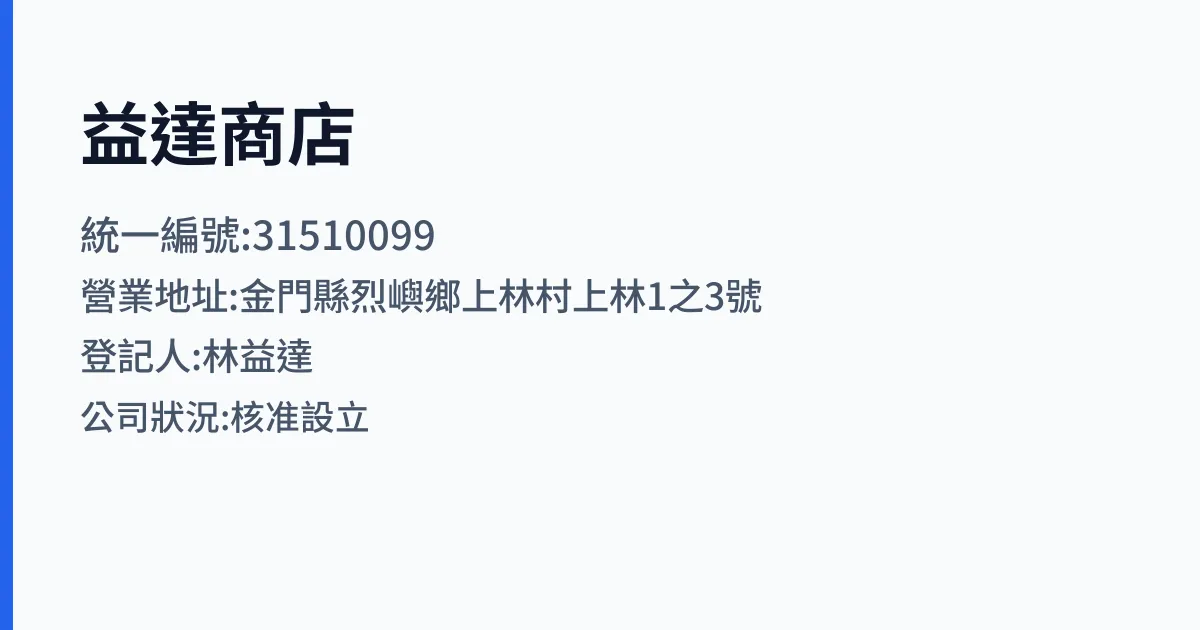 益達商店 - 統編 31510099(金門縣) 公司登記資料與營業項目詳細圖表