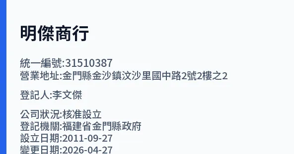 明傑商行的照片-統編 31510387(金門縣) 公司登記資料與營業項目詳細圖表