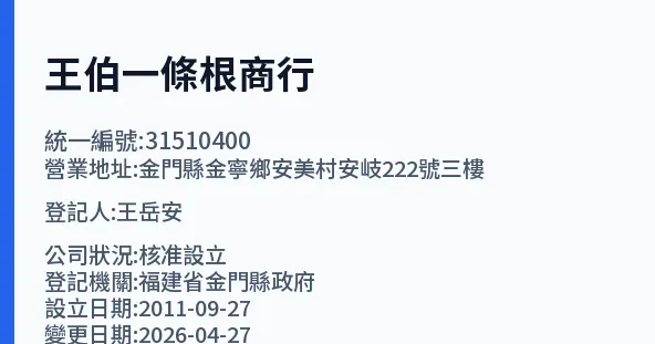 王伯一條根商行的照片-統編 31510400(金門縣) 公司登記資料與營業項目詳細圖表