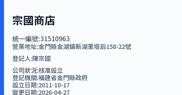 宗國商店的照片-統編 31510963(金門縣) 公司登記資料與營業項目詳細圖表