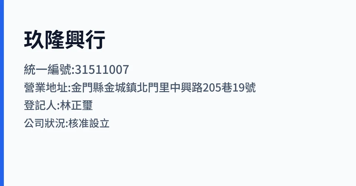 玖隆興行 - 統編 31511007(金門縣) 公司登記資料與營業項目詳細圖表
