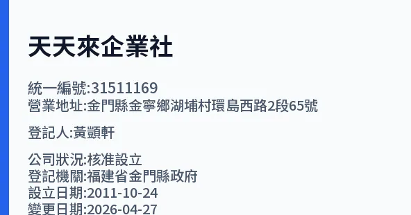 天天來企業社的照片-統編 31511169(金門縣) 公司登記資料與營業項目詳細圖表