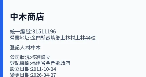 中木商店的照片-統編 31511196(金門縣) 公司登記資料與營業項目詳細圖表