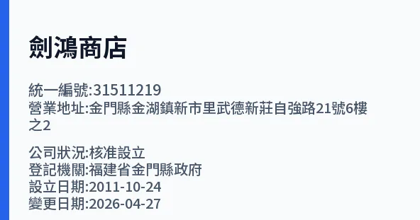 劍鴻商店的照片-統編 31511219(金門縣) 公司登記資料與營業項目詳細圖表