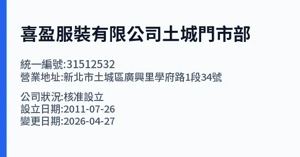 喜盈服裝有限公司土城門市部的照片-統編 31512532(新北市) 公司登記資料與營業項目詳細圖表