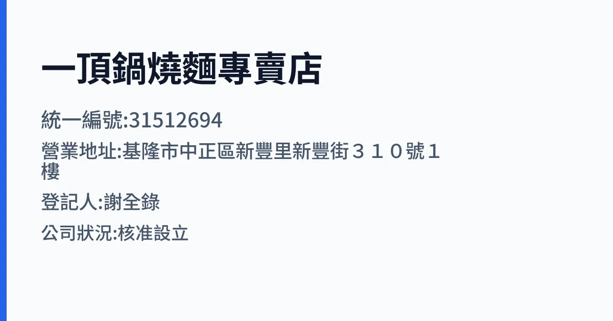 一頂鍋燒麵專賣店 - 統編 31512694(基隆市) 公司登記資料與營業項目詳細圖表