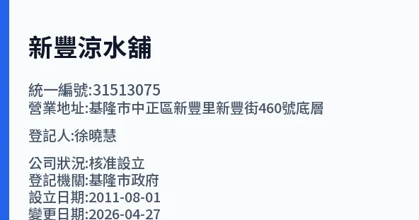 新豐涼水舖的照片-統編 31513075(基隆市) 公司登記資料與營業項目詳細圖表